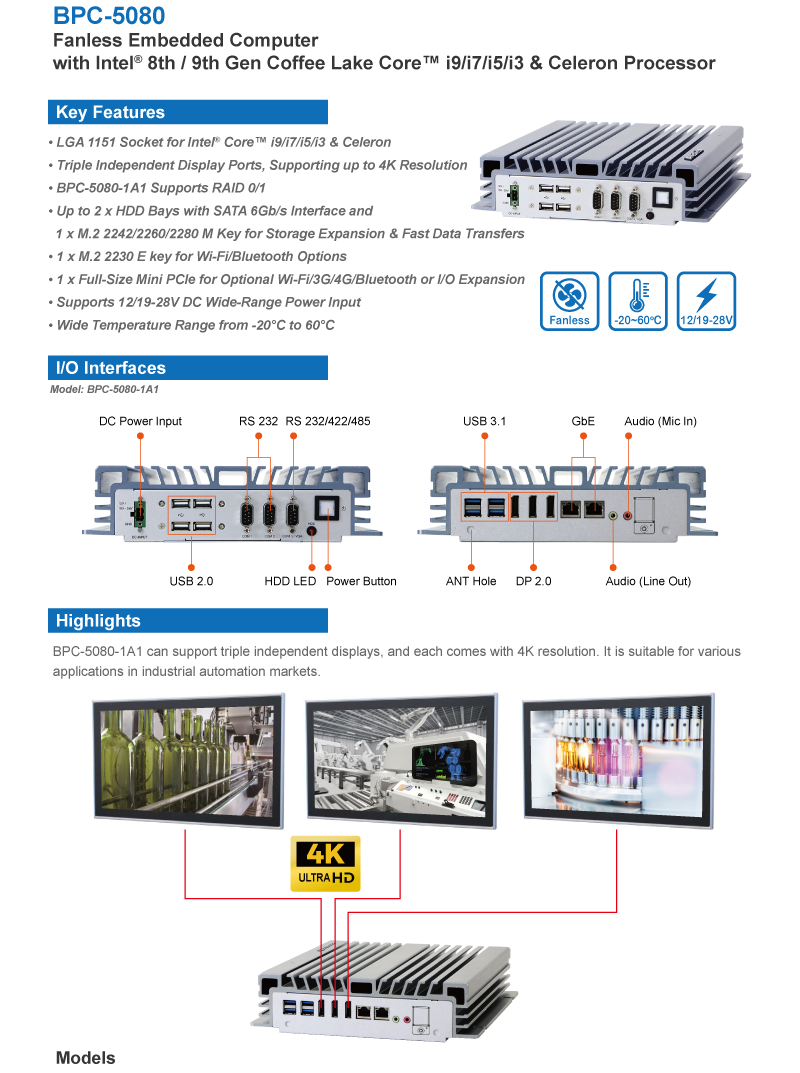 BPC-5080, Fanless Embedded Computer w/ Intel® 8th/9th Gen Coffee Lake ...