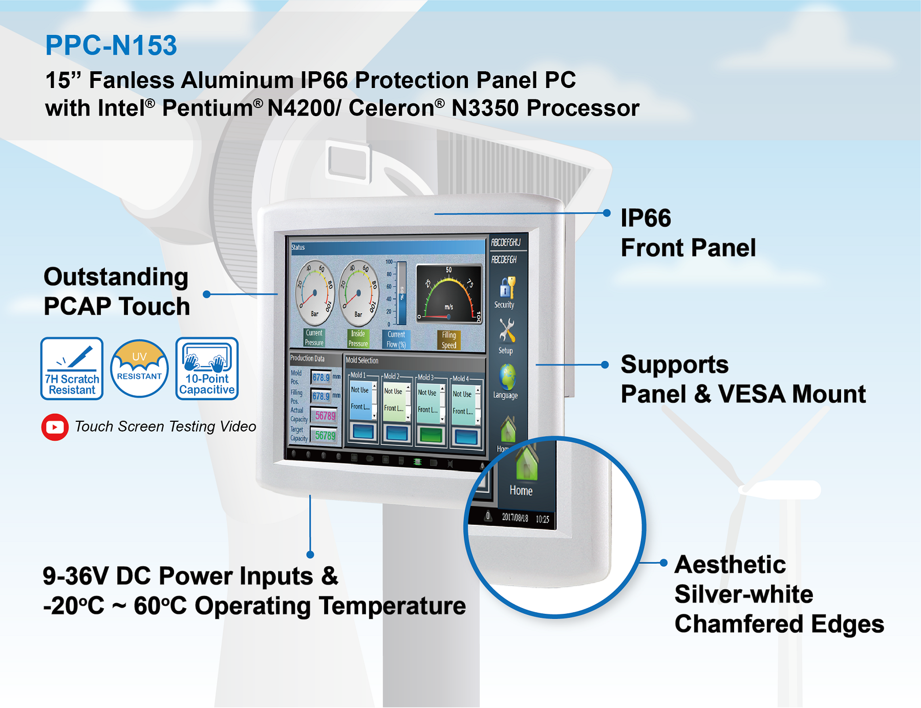 PPC-N153, 15” Fanless Aluminum IP66 Protection Touch Panel PC